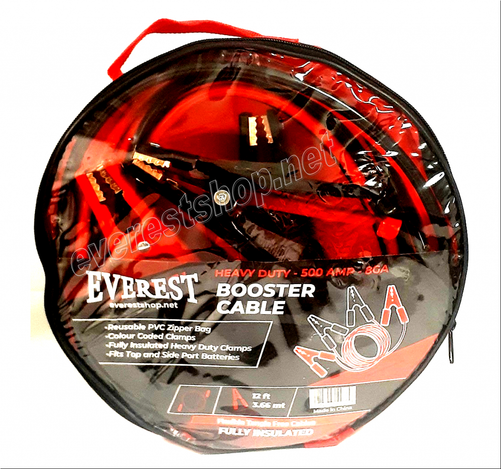 Everest Heavy Duty Booster Cable 500 Amp , 8 Ga, 12 ft - Everest